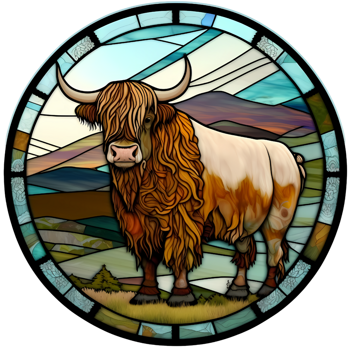 Highland Cow Mountain Faux Stained Metal Round Sign (Choose size ...